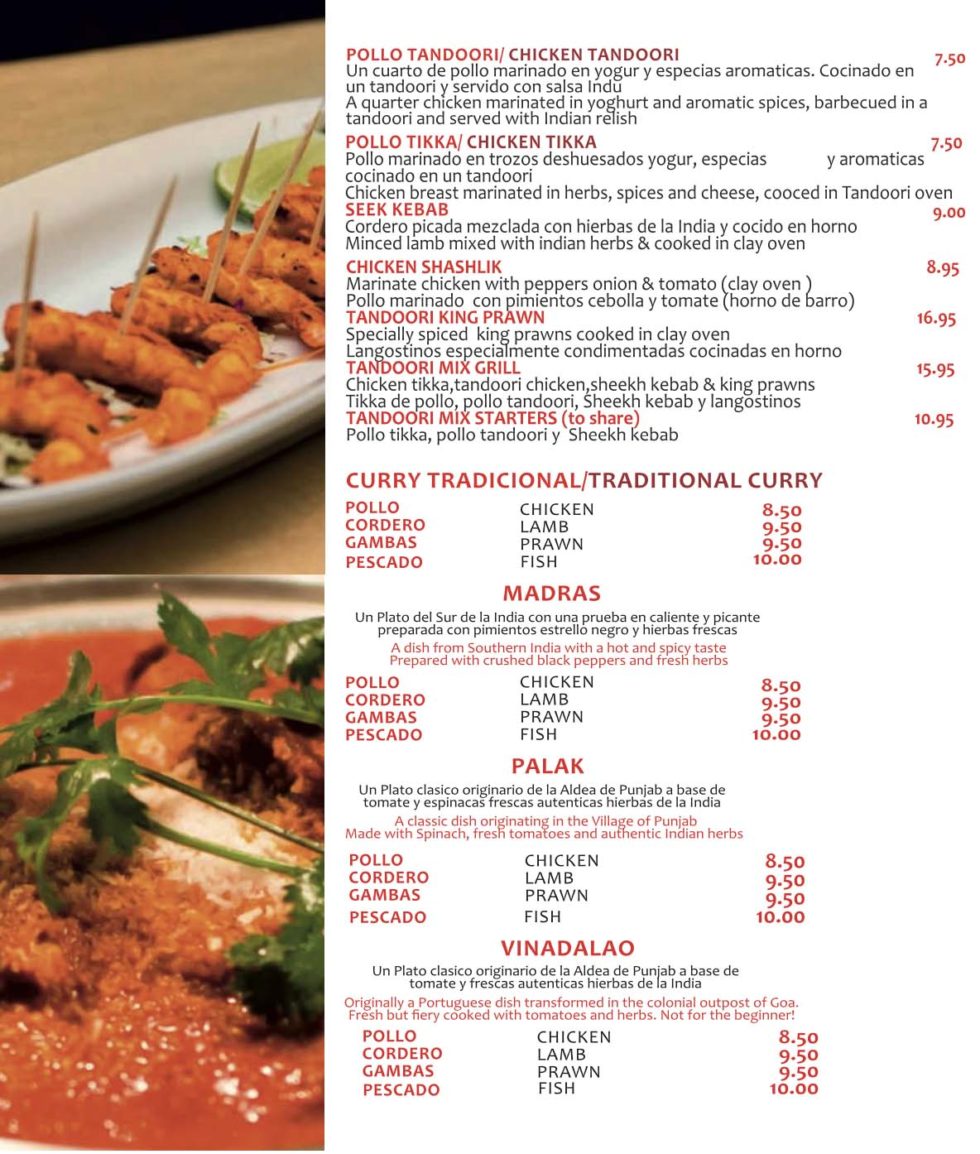 Menu | Bollywood Indian Restaurant Sevilla